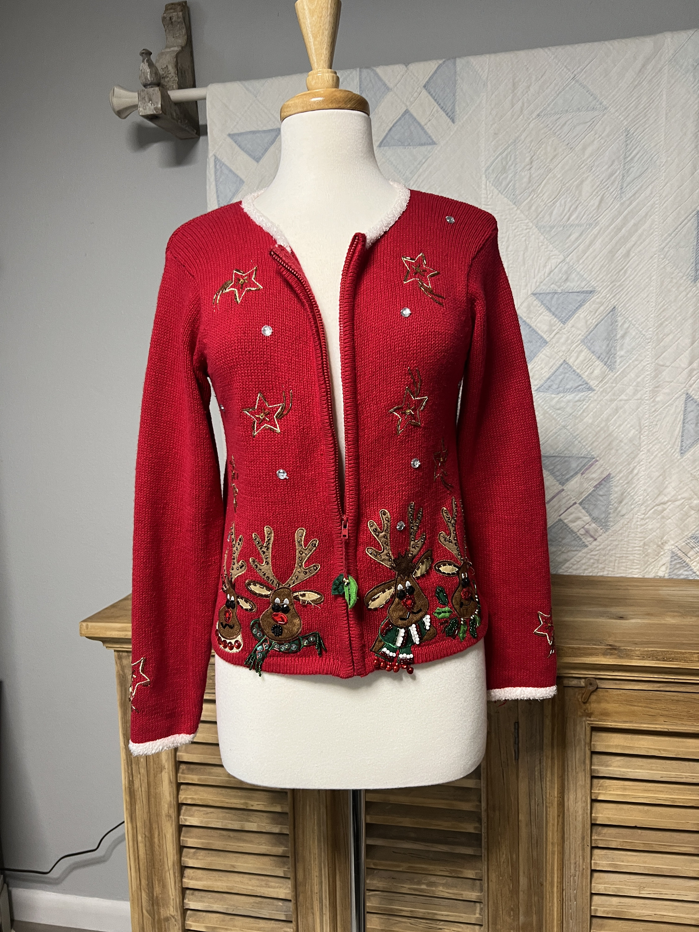 Vintage Tiara Girls Ugly Christmas Cardigan Sweater Reindeers and Stars Size 12/14 Large Girls ...