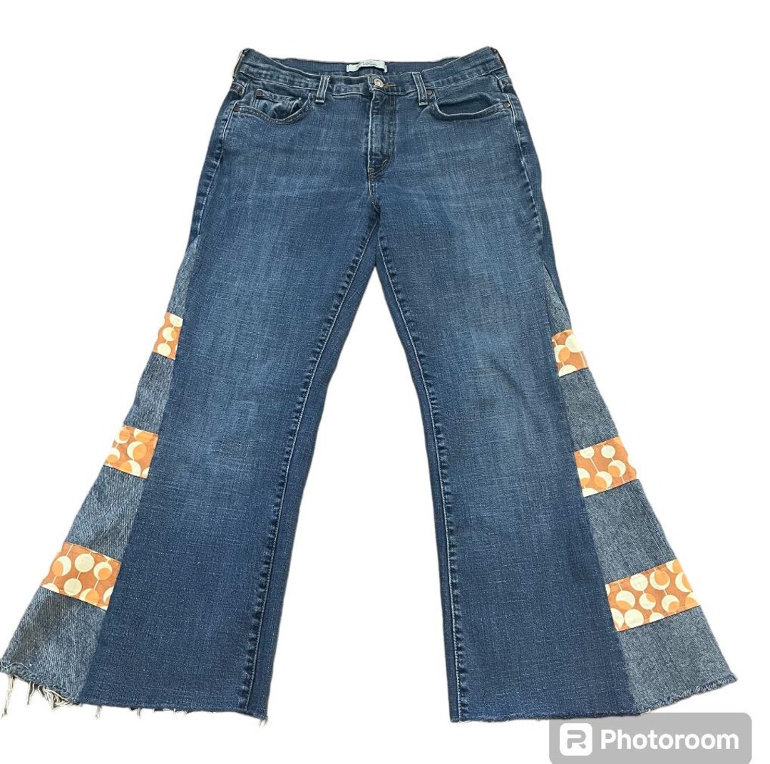 Upcycled Cropped Levi 515 Jeans Flare Leg Orange Blue Womans Size 10 ...