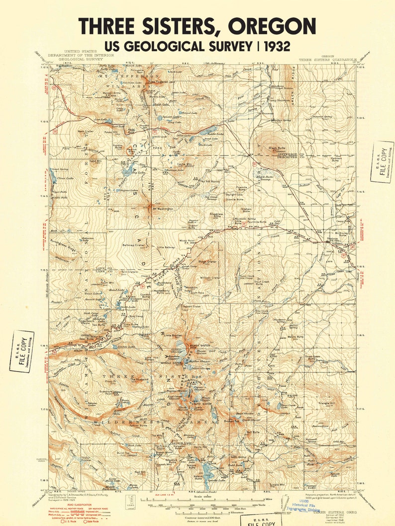 Three Sisters Oregon Poster | Vintage 1932 USGS Map - Etsy