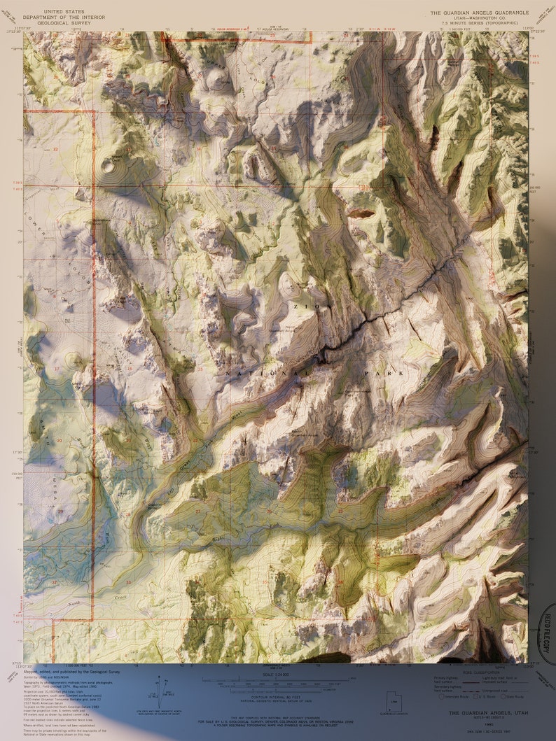 Zion National Park Map Poster Shaded Relief Topographical - Etsy