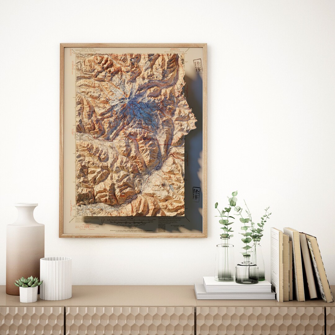 Mount Rainier National Park Map Poster Shaded Relief Topographic Map - Etsy