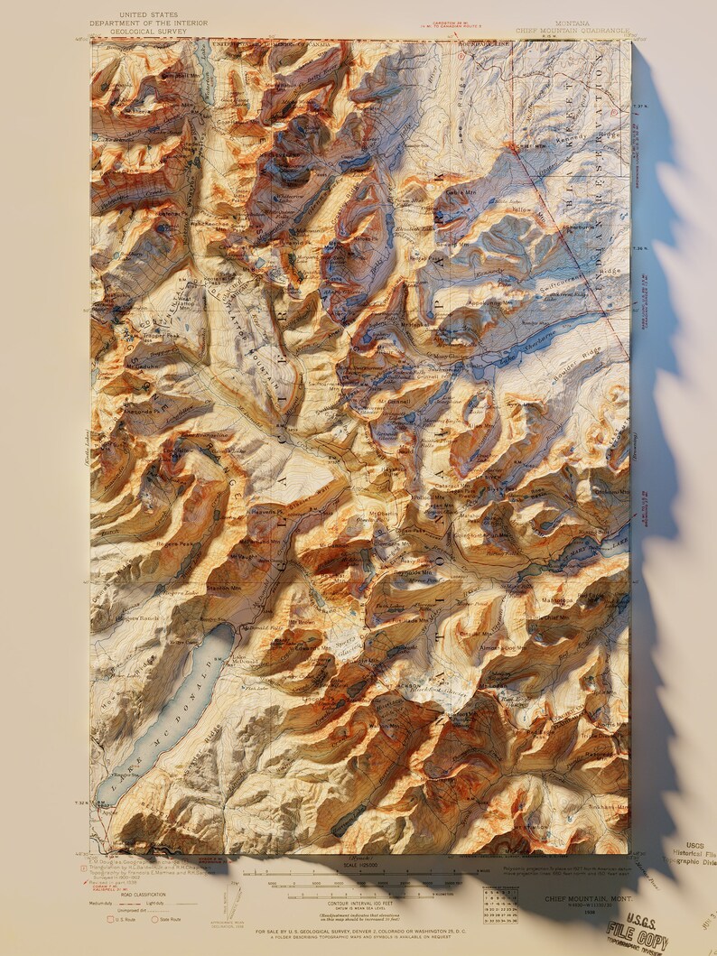 Glacier National Park Map Poster Shaded Relief Topographical - Etsy