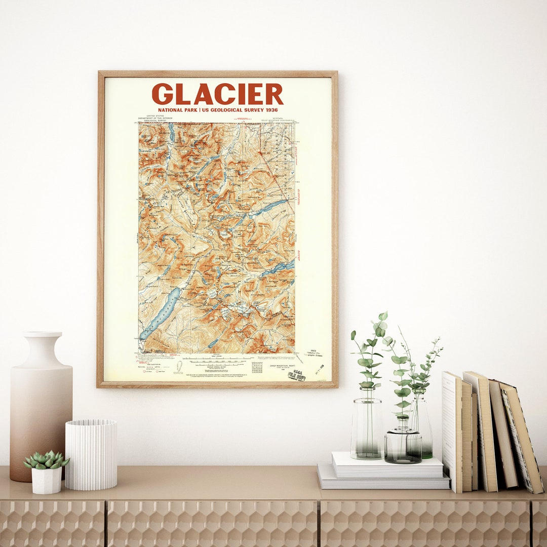 Glacier National Park Poster | Vintage 1938 USGS Map - Etsy