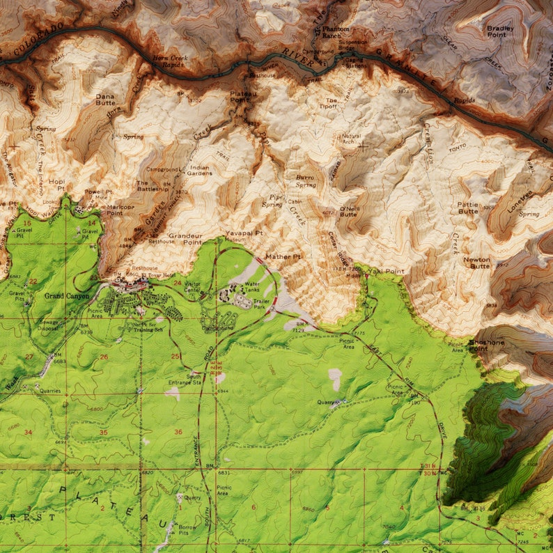 Grand Canyon National Park Map Poster Shaded Relief - Etsy