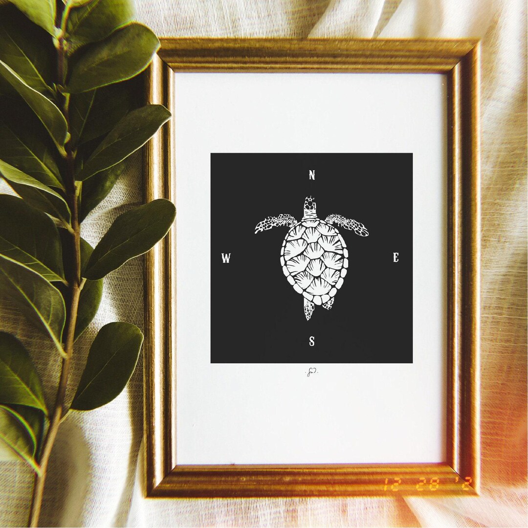 Black and White Turtle Compass Art Print | Turtle Illustration | Modern ...