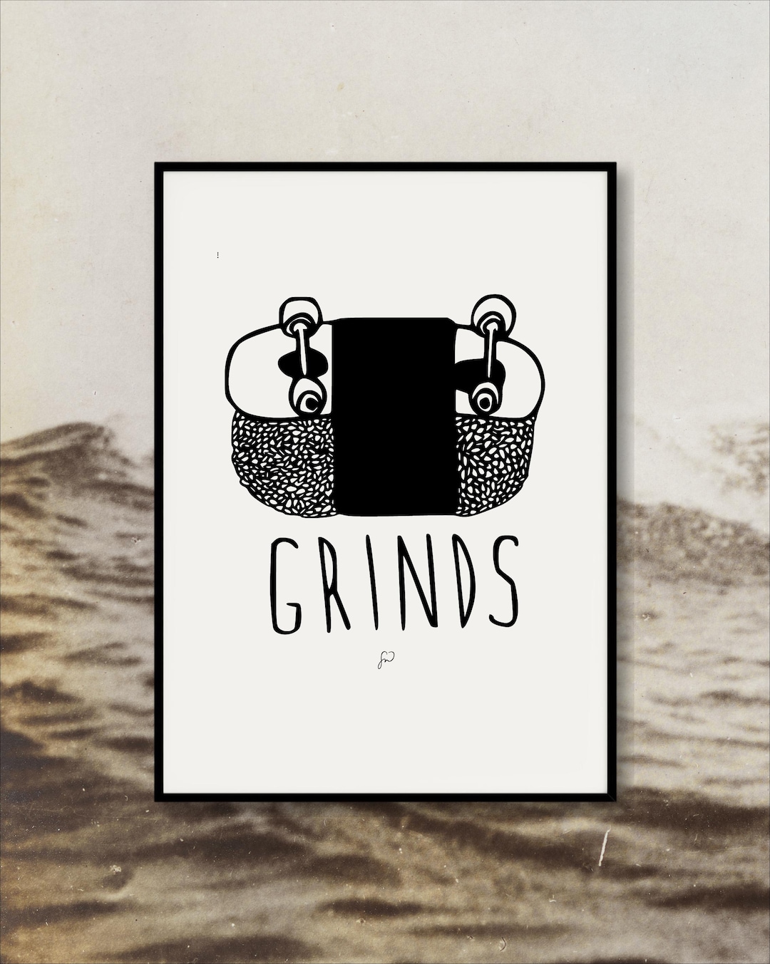 Grinds Art Print | Black and White Musubi With Skateboard | Surreal ...