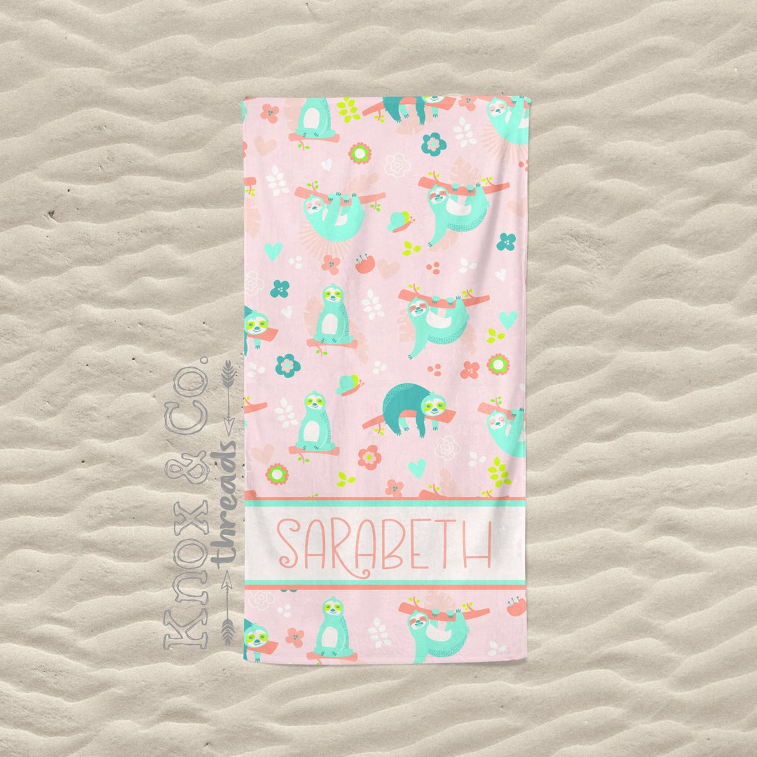 Personalized Sloth Beach Towel Girl Sloth Beach Towel Name or Monogram ...