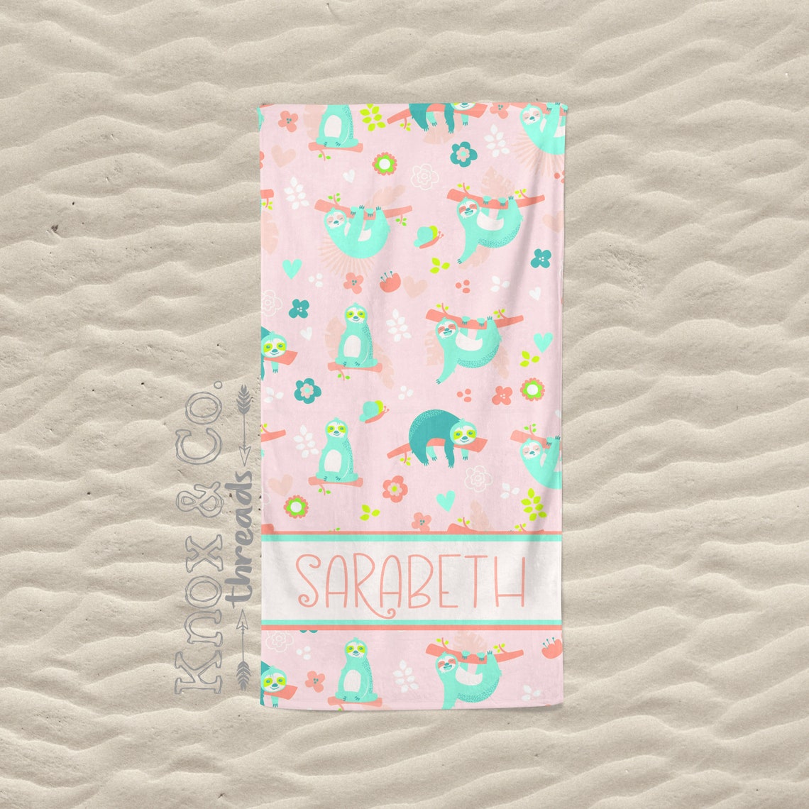 Personalized Sloth Beach Towel Girl Sloth Beach Towel Name - Etsy