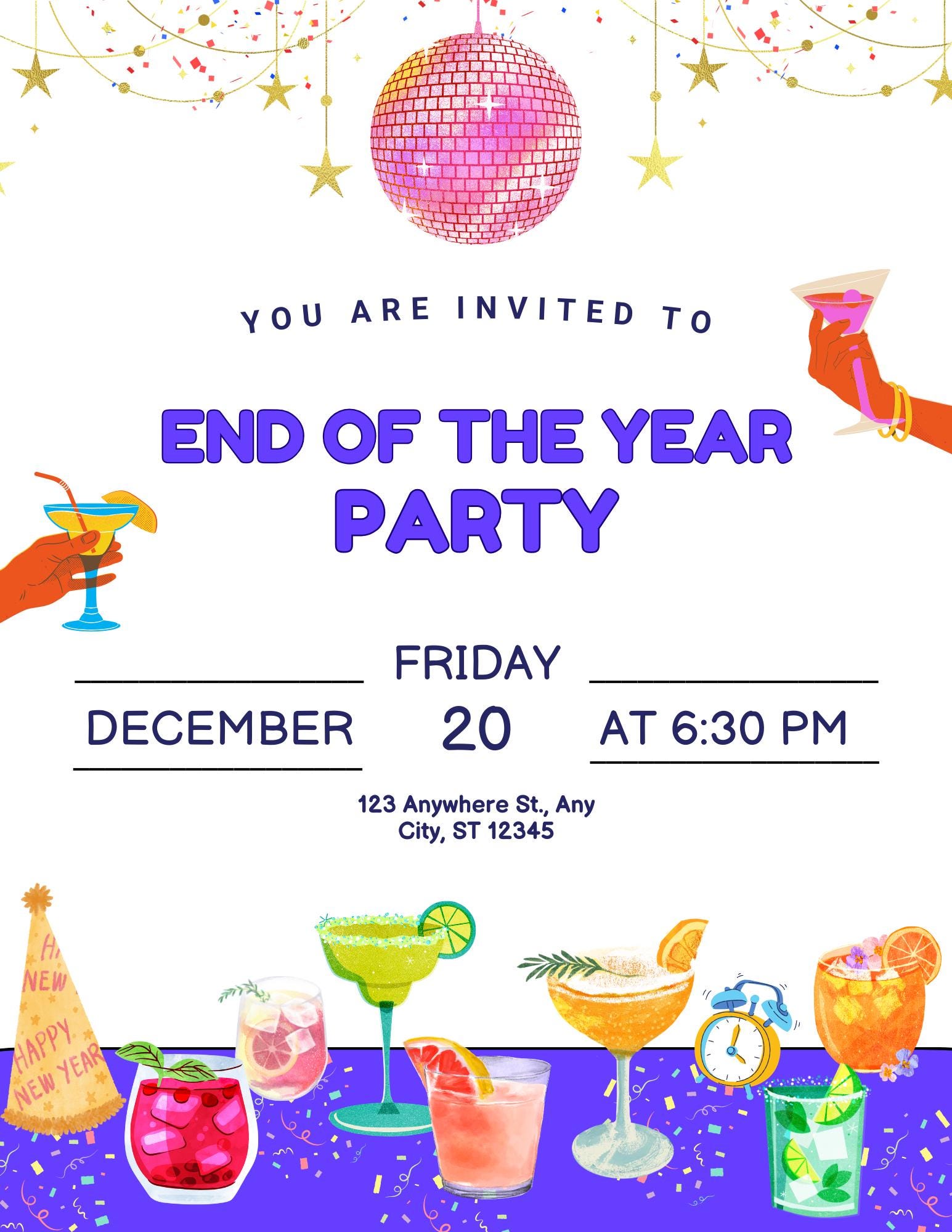 End of the Year Party Invitation Template, New Year Card, Cocktail and ...
