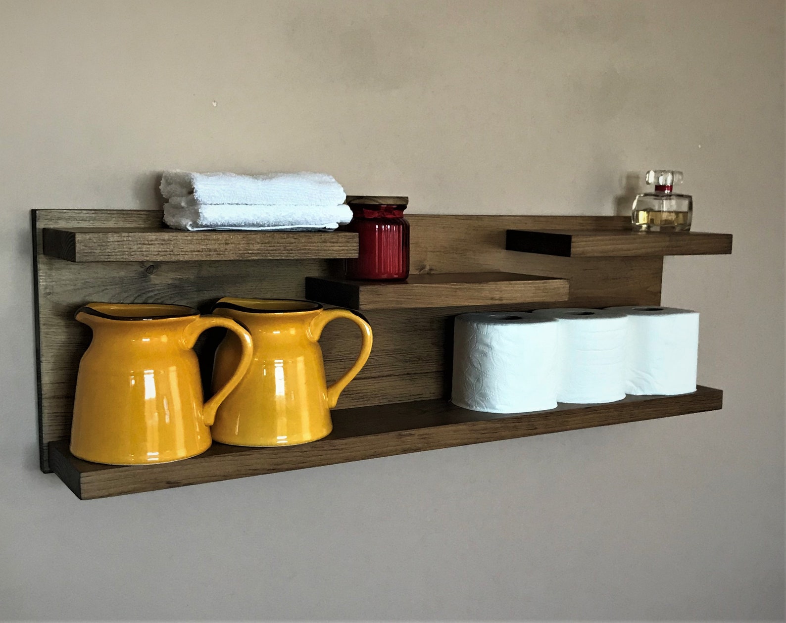 Rustic Hardwood Bathroom Shelf With Towel Rack: Wall Storage Organizer ...