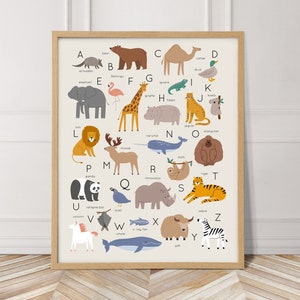 Animal Alphabet Poster in Cream / Beige, Printable Educational Wall Art ...