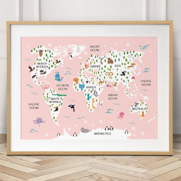 Pink World Map - Etsy