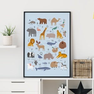 Animal Alphabet Poster in Blue, Printable Educational Wall Art - Etsy UK
