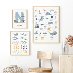 Set of 3 Ocean Sea Alphabet and Numbers Wall Art in Blue, Personalised ...