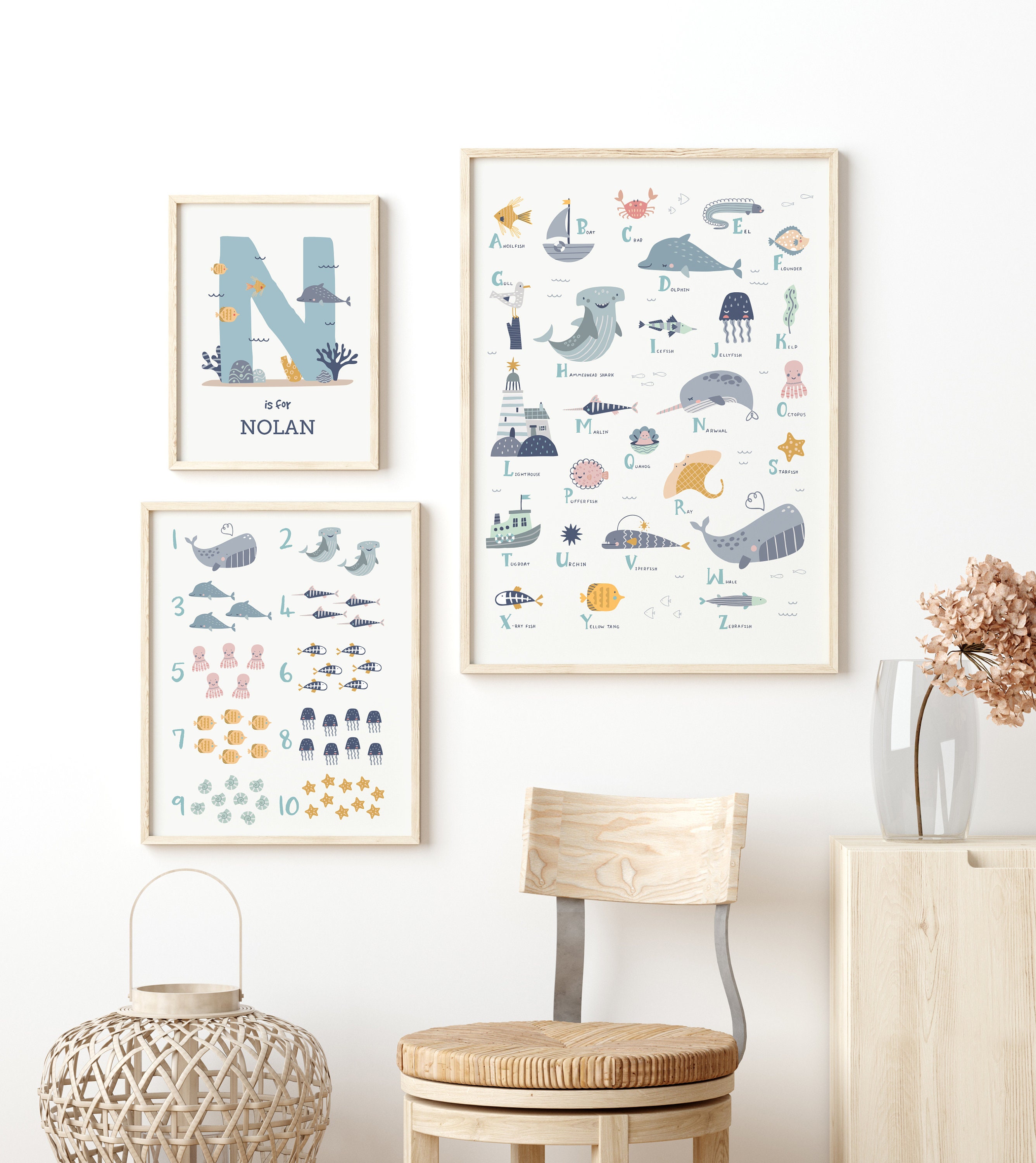 Set of 3 Ocean Sea Alphabet and Numbers Wall Art in Blue, Personalised ...
