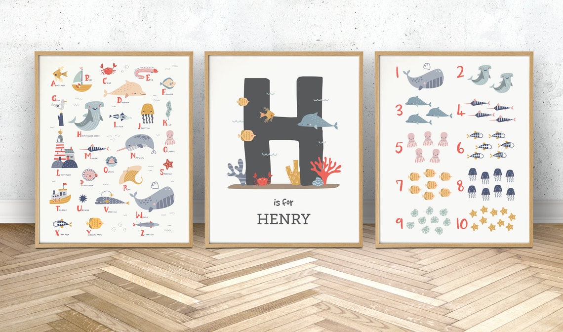 Set of Three Ocean Sea Alphabet and Numbers Wall Art, Personalised ABC ...