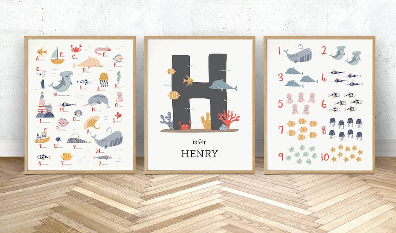Set of Three Ocean Sea Alphabet and Numbers Wall Art, Personalised ABC ...