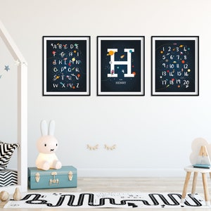 Space Wall Art Set of 3 Prints, Custom Baby Name Print, Personalized ...