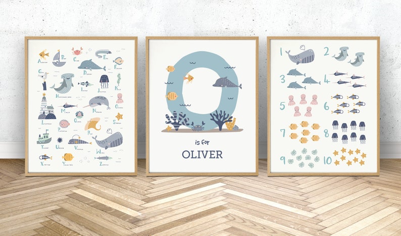 Set of 3 Ocean Sea Alphabet and Numbers Wall Art in Blue - Etsy