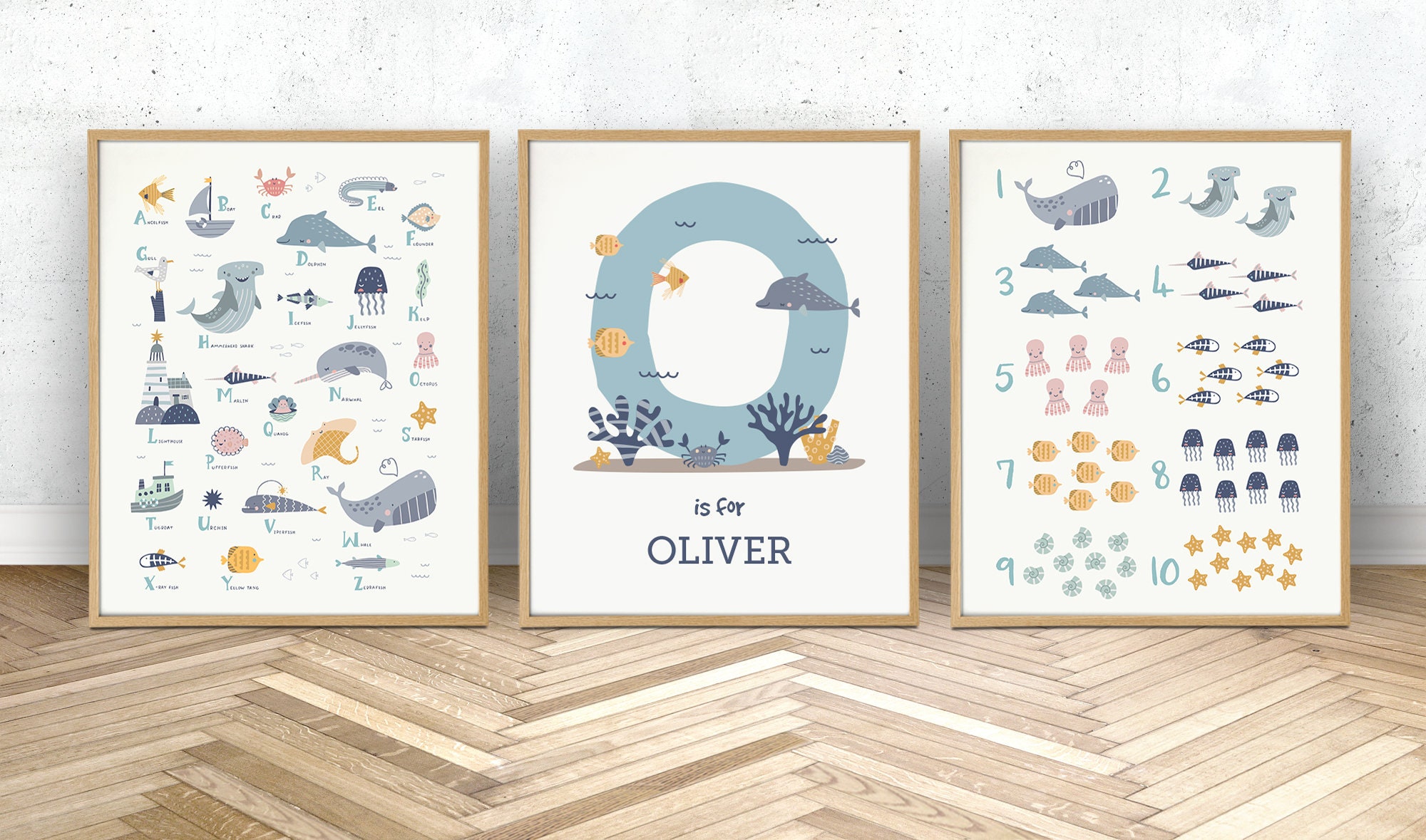 Set of 3 Ocean Sea Alphabet and Numbers Wall Art in Blue, Personalised ...