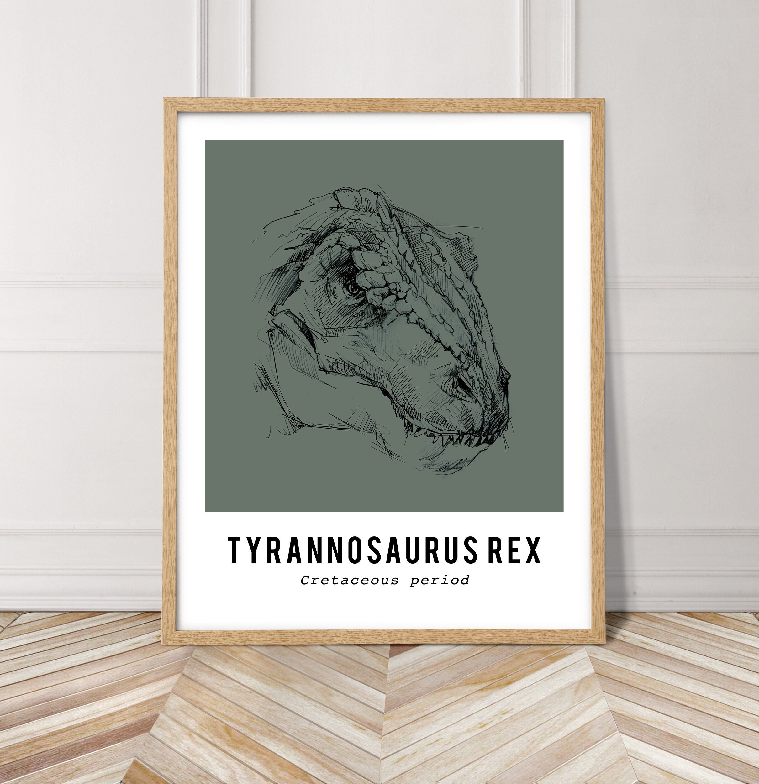 Tyrannosaurus Rex, T-rex Dinosaur Drawing in Dark Green, Natural ...