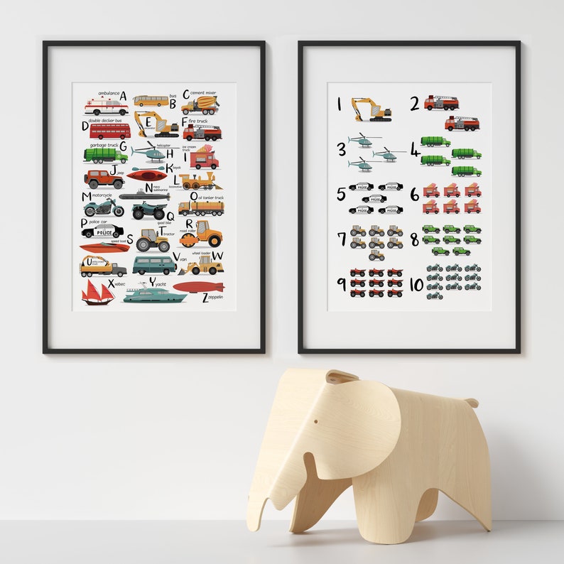 Set of 4 Transportation Alphabet Wall Art Alphabet Numbers - Etsy