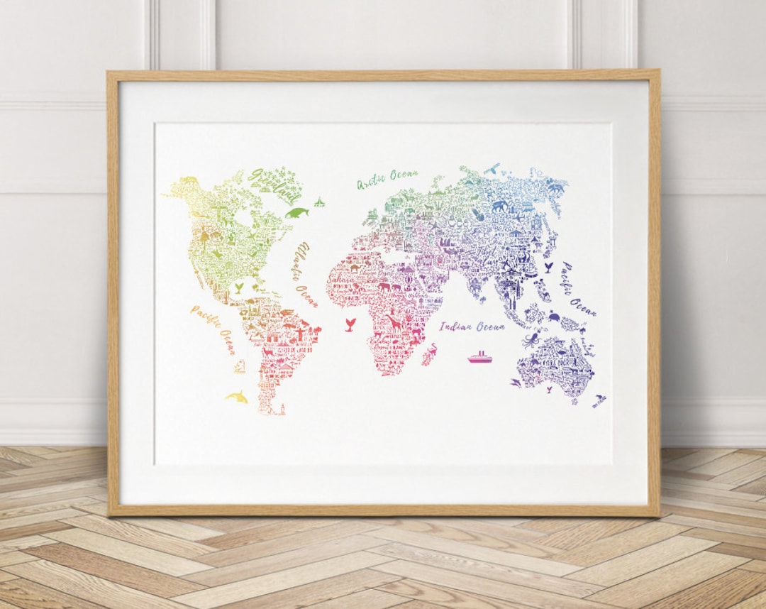 Rainbow World Map Wall Art, Colorful Map for Kids Room, World Map ...