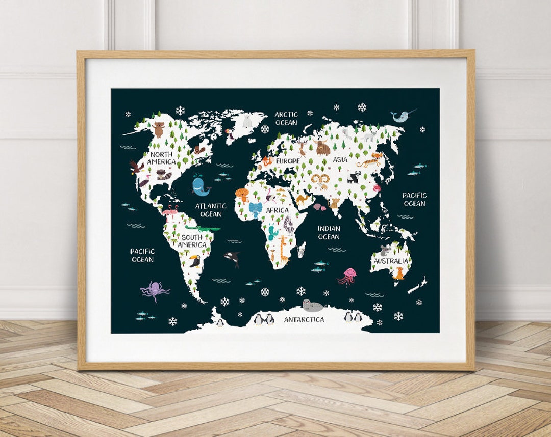 Dark Navy World Map Print, Nursery World Map, Blue Nursery Decor ...