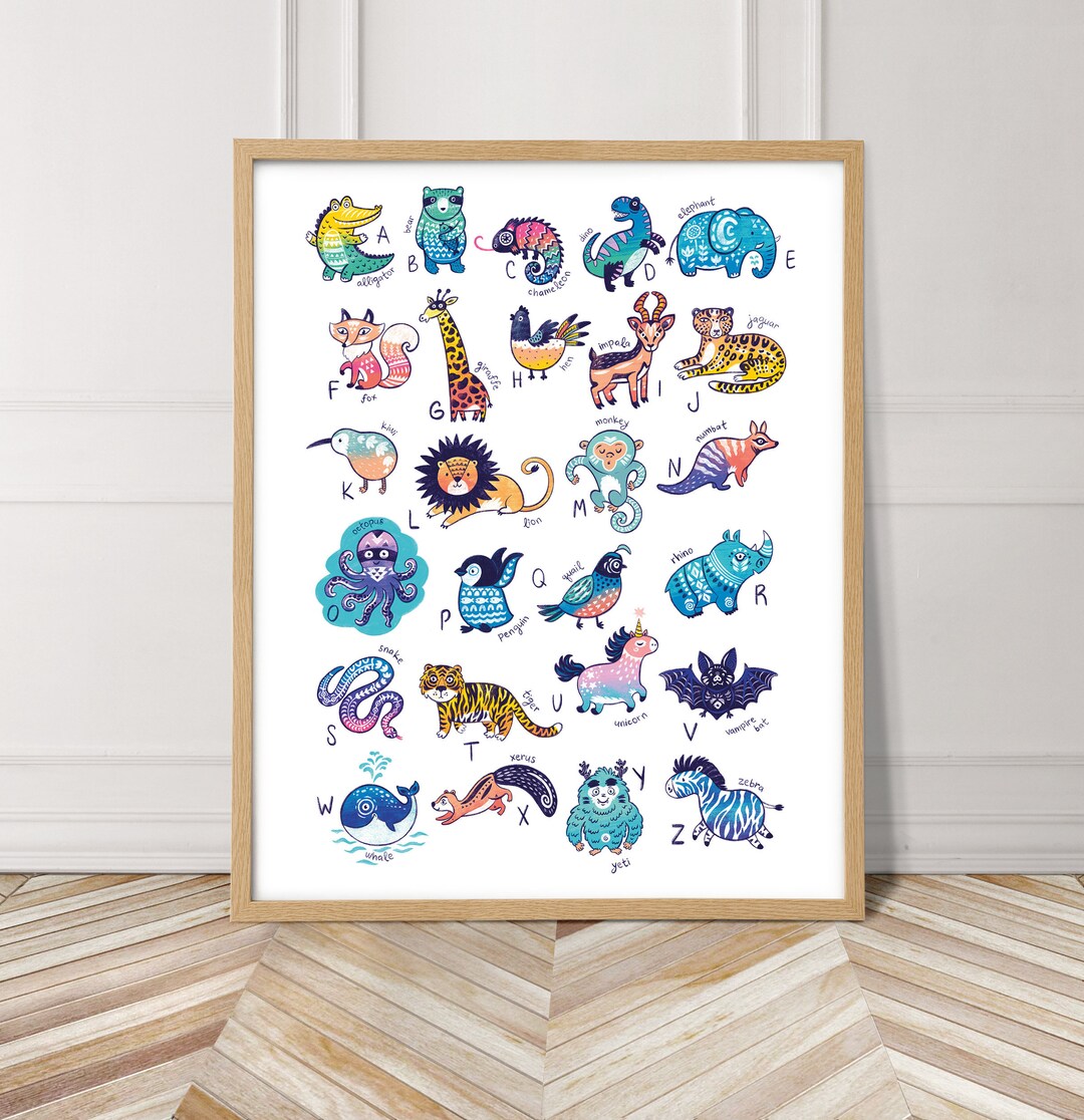 Alphabet Wall Art, Hand Drawn Animal Alphabet Poster, Educational Print ...