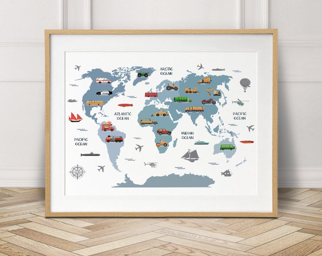 World Map Transportation Poster, Travel Nursery Decor, World Map Wall ...