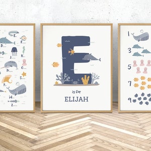 Set of 3 Ocean Alphabet and Numbers Wall Art in Dark Blue, Personalised ...