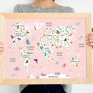 Pink World Map Print, Nursery World Map, Pink Nursery Decor, Safari ...