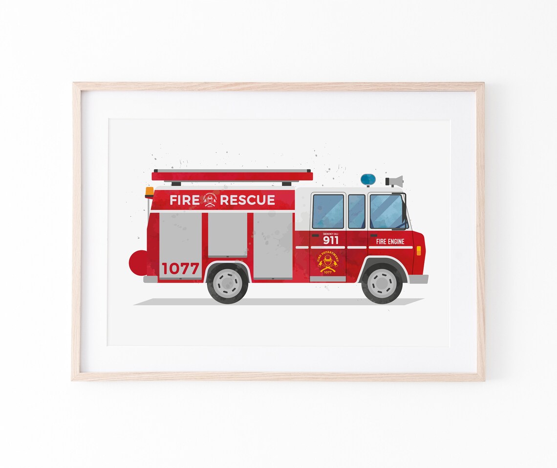 Fire Truck Wall Art Watercolor Fire Engine Print Emergency | Etsy