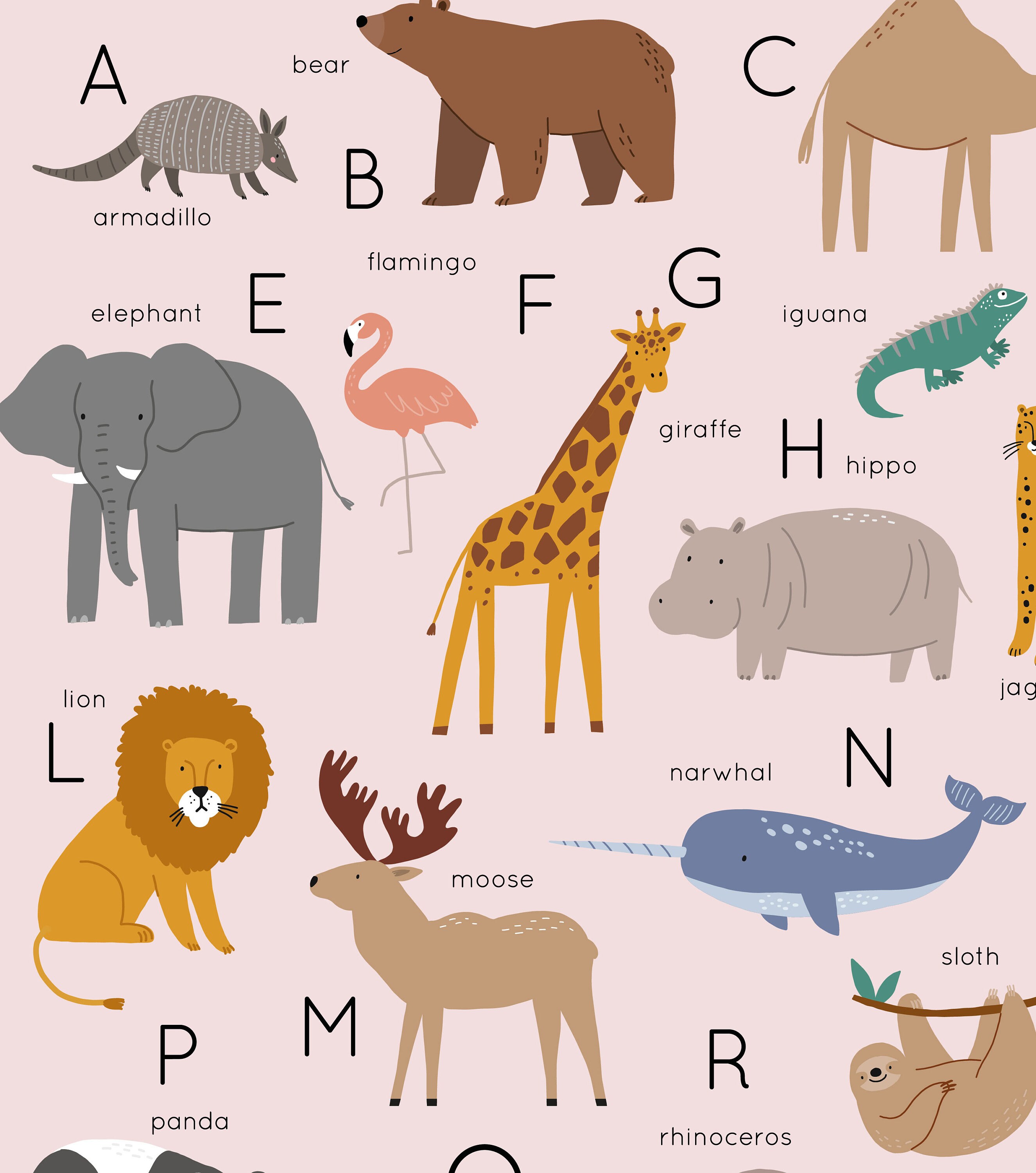 Animal Alphabet Poster in Pink Printable Educational Wall Art | Etsy