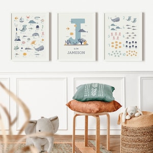 Set of 3 Ocean Sea Alphabet and Numbers Wall Art in Blue, Personalised ...