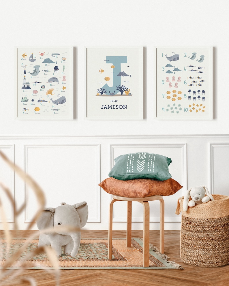 Set of 3 Ocean Sea Alphabet and Numbers Wall Art in Blue, Personalised ...