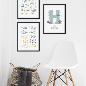 Set of 3 Ocean Sea Alphabet and Numbers Wall Art in Blue - Etsy