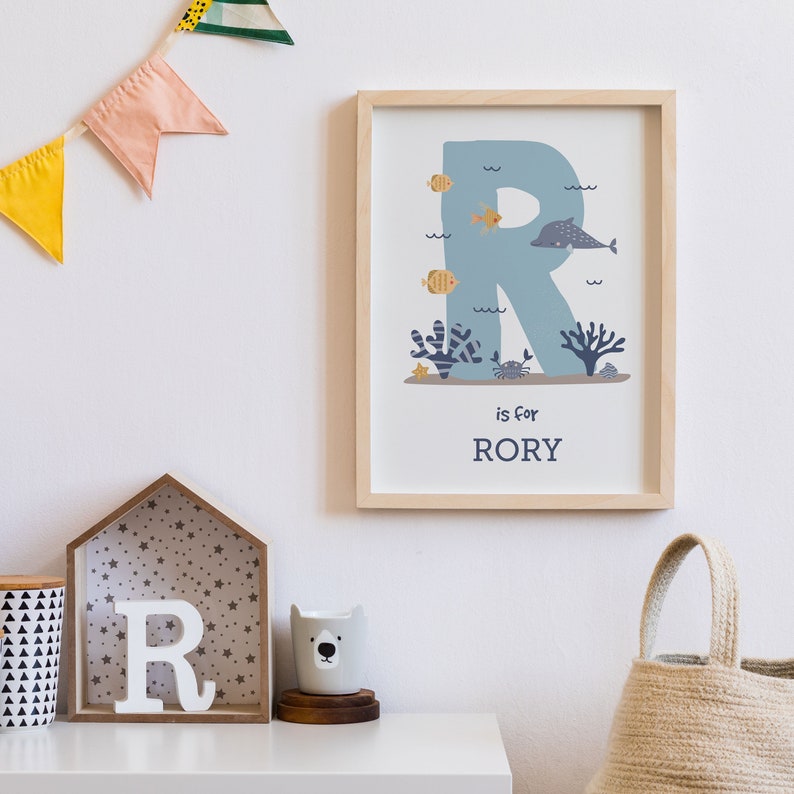 Set of 3 Ocean Sea Alphabet and Numbers Wall Art in Blue, Personalised ...
