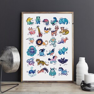 Alphabet Wall Art, Hand Drawn Animal Alphabet Poster, Educational Print ...