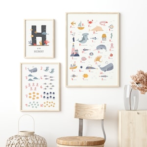 Set of Three Ocean Sea Alphabet and Numbers Wall Art, Personalised ABC ...