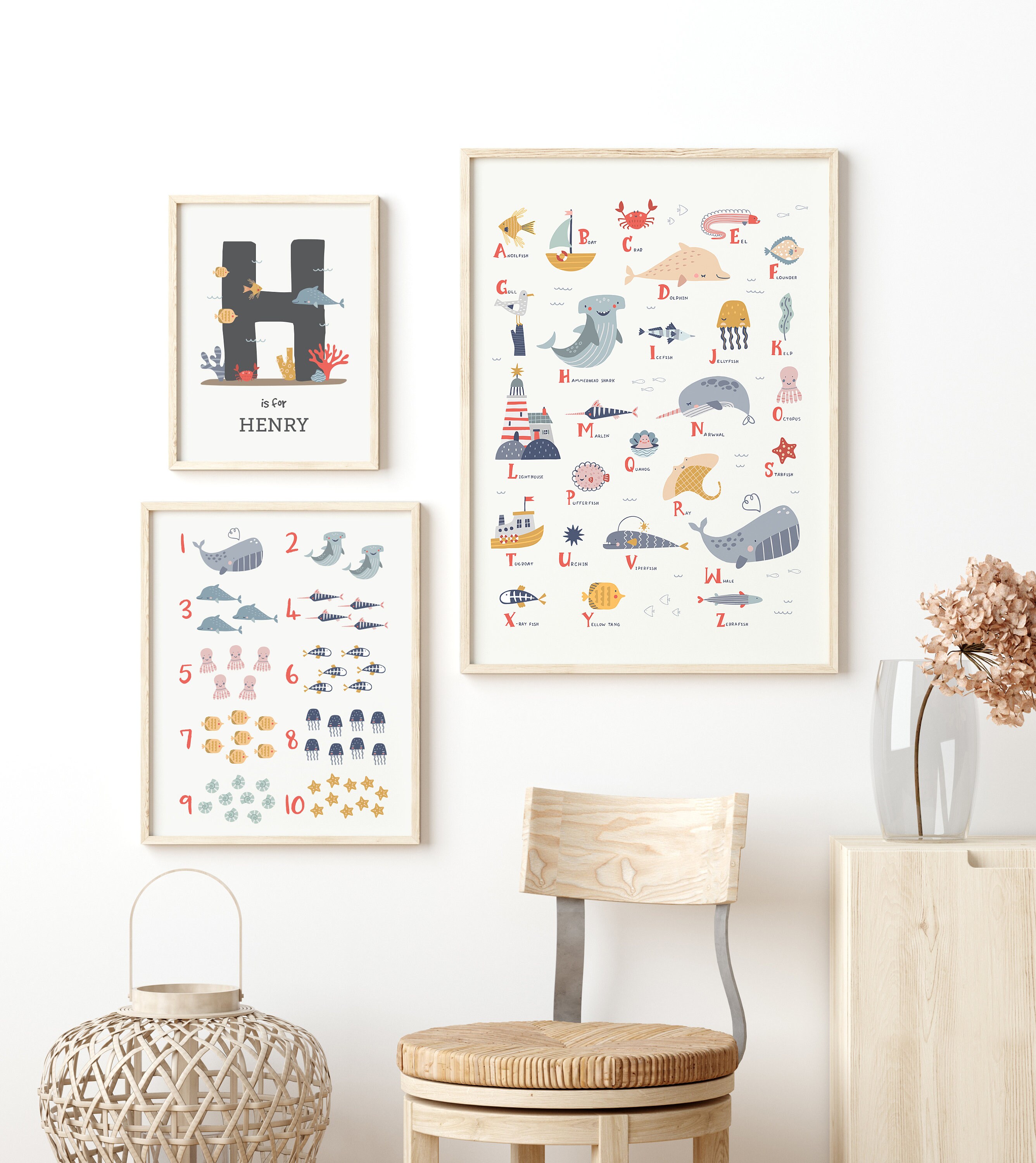 Set of Three Ocean Sea Alphabet and Numbers Wall Art, Personalised ABC ...