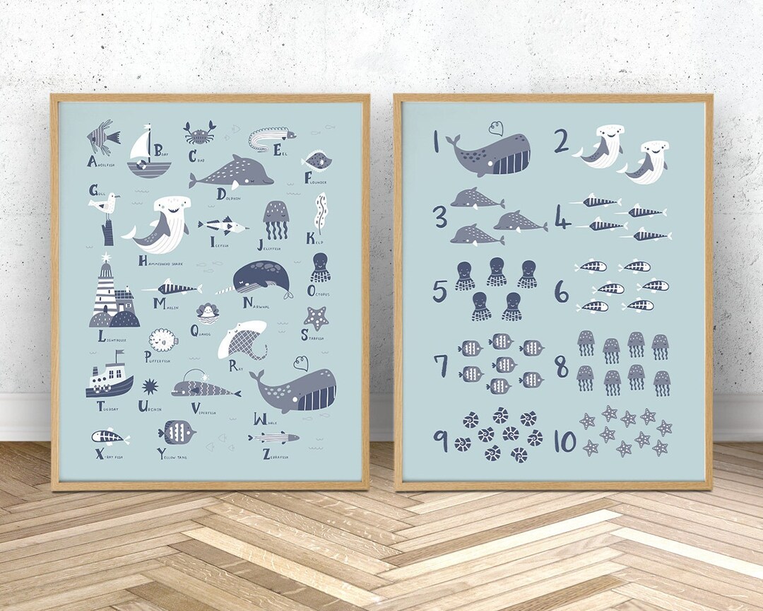 Ocean Theme Nursery Set of Two Prints. ABC and Numbers, Perfect for an ...