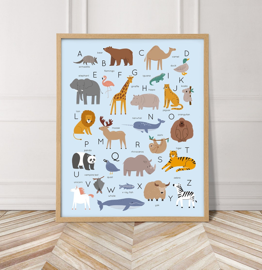 Animal Alphabet Poster in Blue, Printable Educational Wall Art - Etsy UK