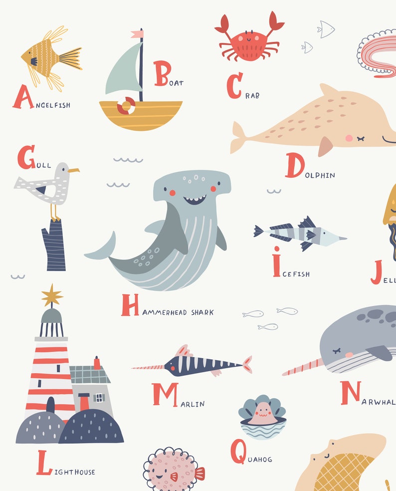 Set of Three Ocean Sea Alphabet and Numbers Wall Art, Personalised ABC ...