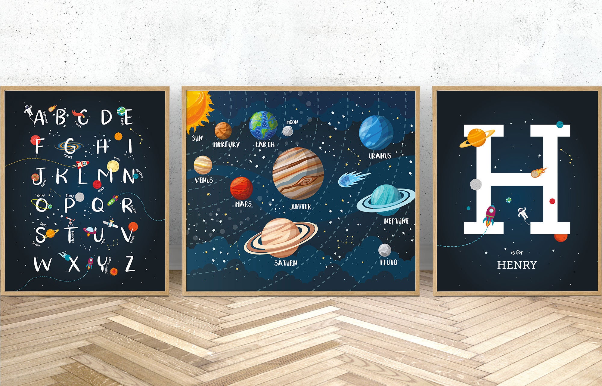 Space Wall Art Set of 3 Prints With Solar System Alphabet - Etsy UK