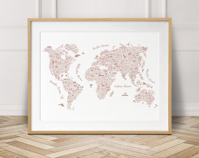 World Map Wall Art Dusky Pink Map for Kids Room World Map | Etsy UK