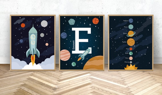 Space Wall Art Set of 3 Prints With Rocket Solar System and - Etsy