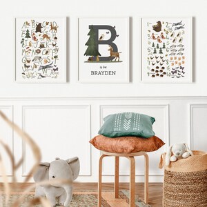 Set of 3 Woodland Animal Alphabet, Numbers and Custom Name Print ...