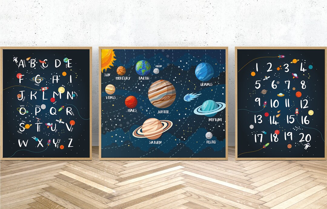 Solar System Set of 3 Space Prints, Space Themed Nursery, Kids Alphabet ...