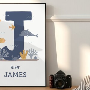 Custom Ocean Baby Name Print in Dark Blue and Yellow, Personalized Sea ...